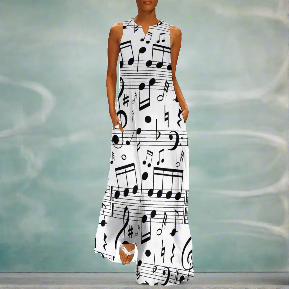 Classic Music Notes Sleeveless Long Dress - Artistic Pod
