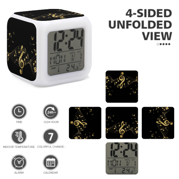 Music Notes Black Print Color Changing Alarm Clock - Artistic Pod