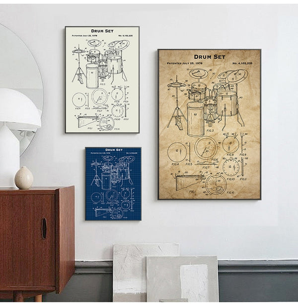 Drum Blueprint Retro Wall Art - Artistic Pod