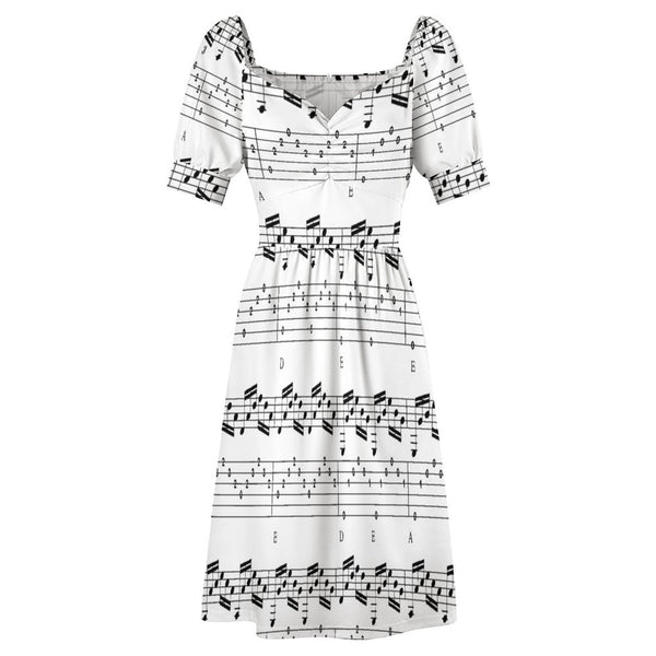 Music Notes White Puff Sleeve Dress - Artistic Pod