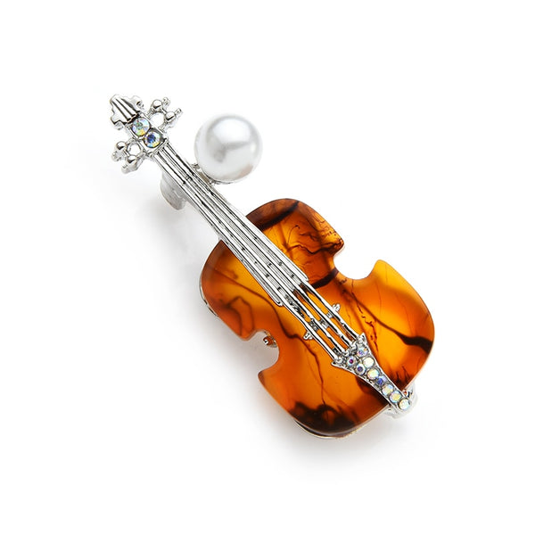 Violin Rhinestone Pearl Brooch - Artistic Pod