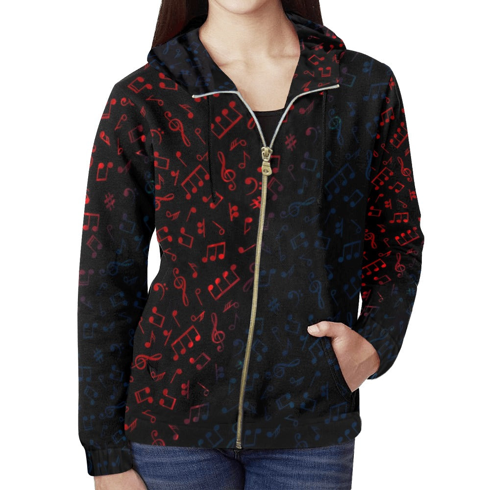 Music Notes Pattern Zip Hoodie - Artistic Pod