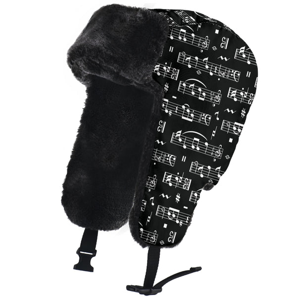 Musical Notes Pattern Black Trapper Hat - Artistic Pod