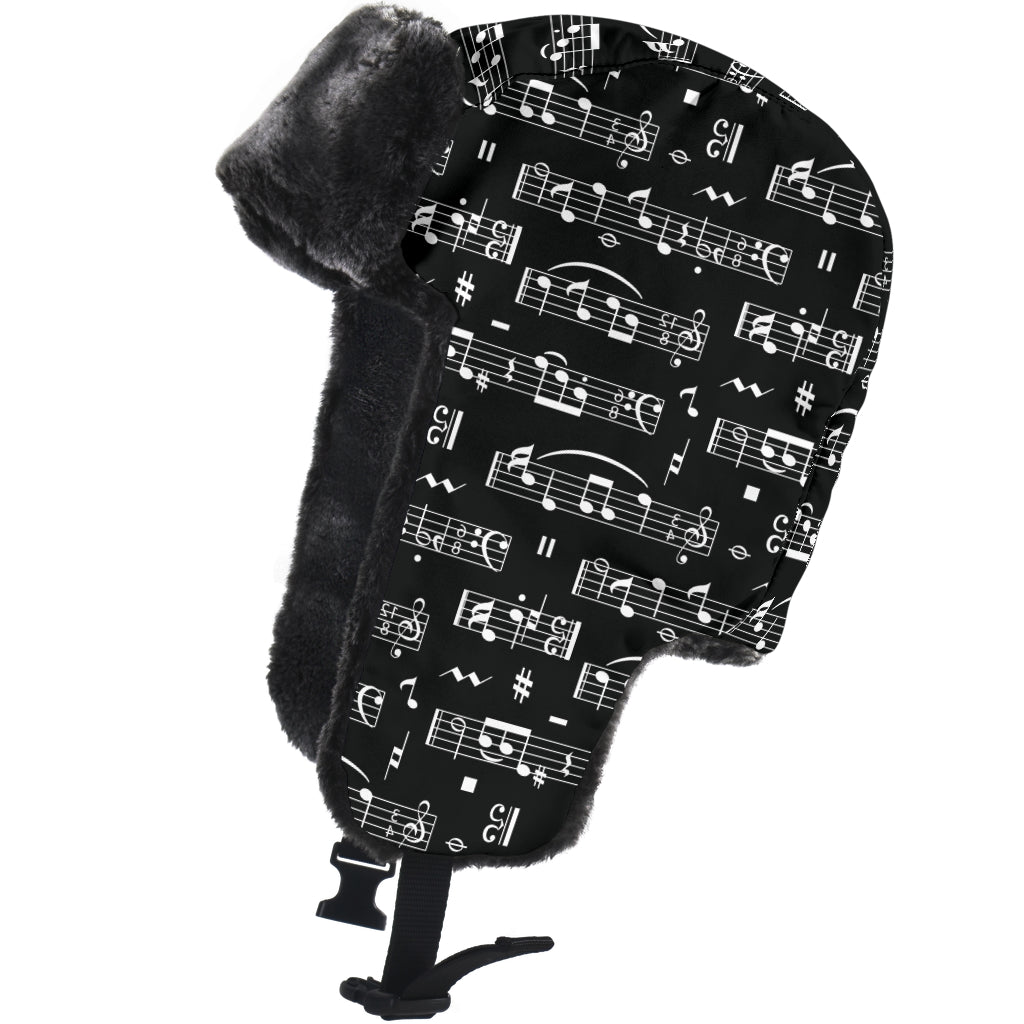 Musical Notes Pattern Black Trapper Hat - Artistic Pod