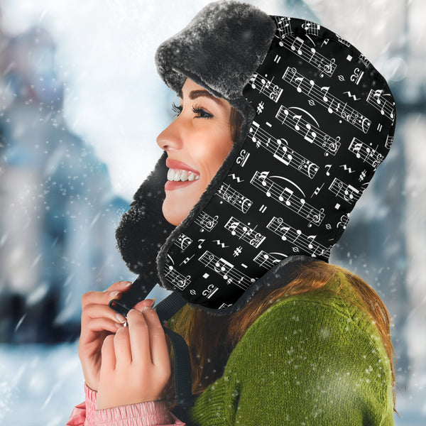 Musical Notes Pattern Black Trapper Hat - Artistic Pod