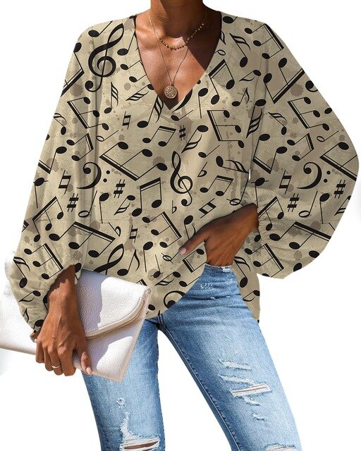 Music Notes V Neck Blouse - Artistic Pod